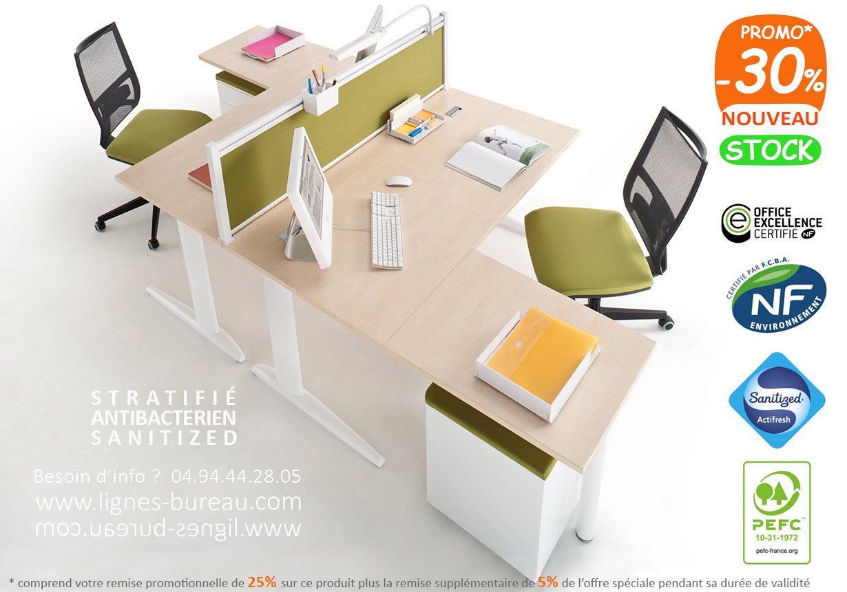 Bureau double: tables rectangulaires, retours, caissons, écran tissu Océan - Mobilier de bureau ...